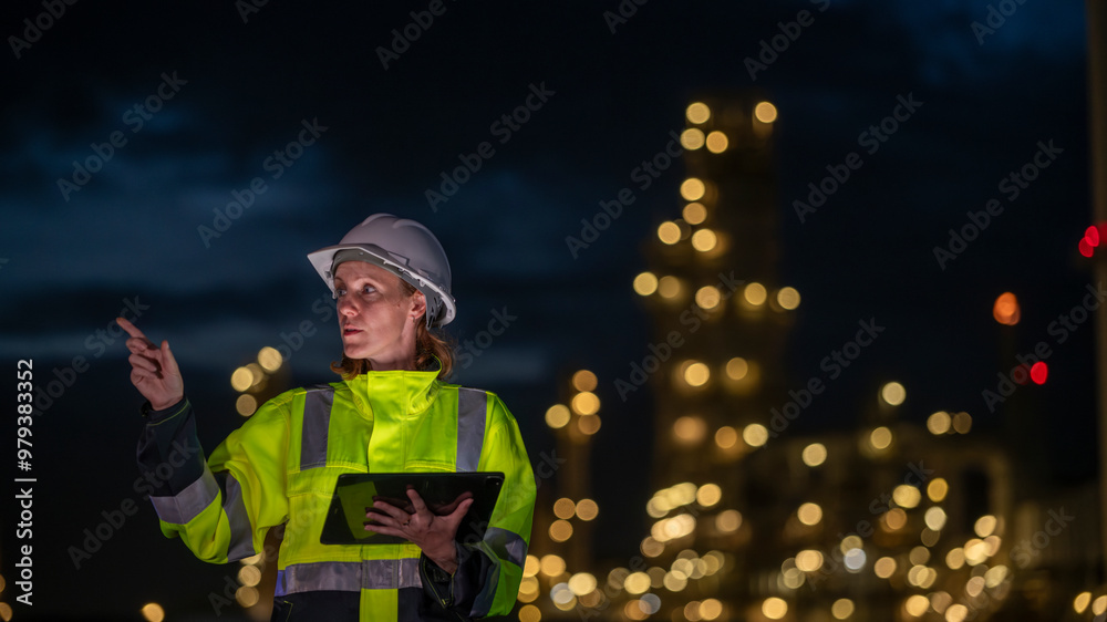 Engineer wear uniform and helmet stand workplace hand holding tablet ...