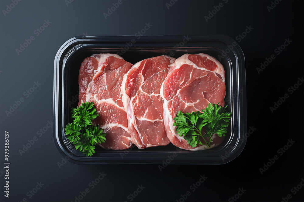 Pork steak in black plastic packaging with empty space for label. Raw ...