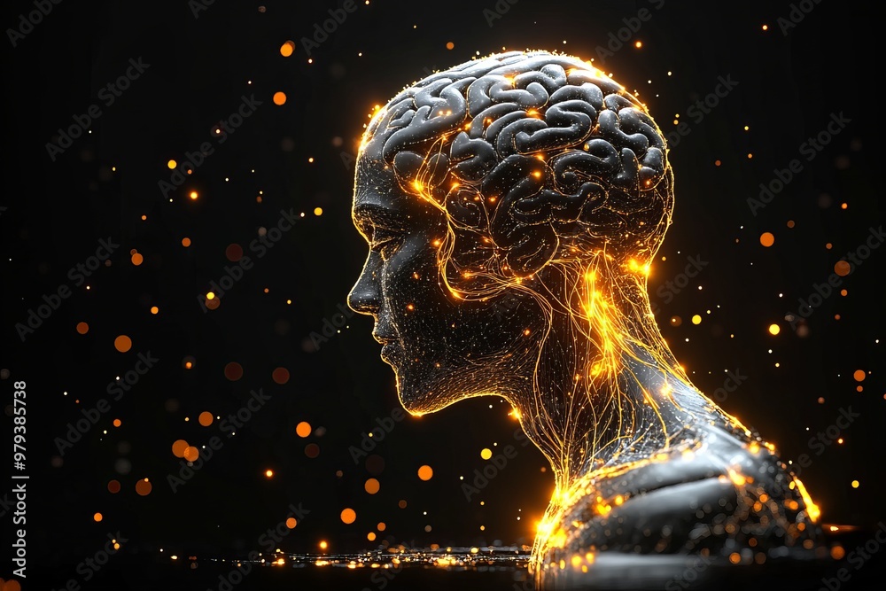 Artistic bust of a human head with a golden brain illuminated against a ...