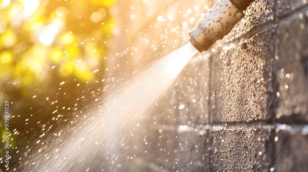 Close-up of a power wash machine blasting away green algae from a slimy ...