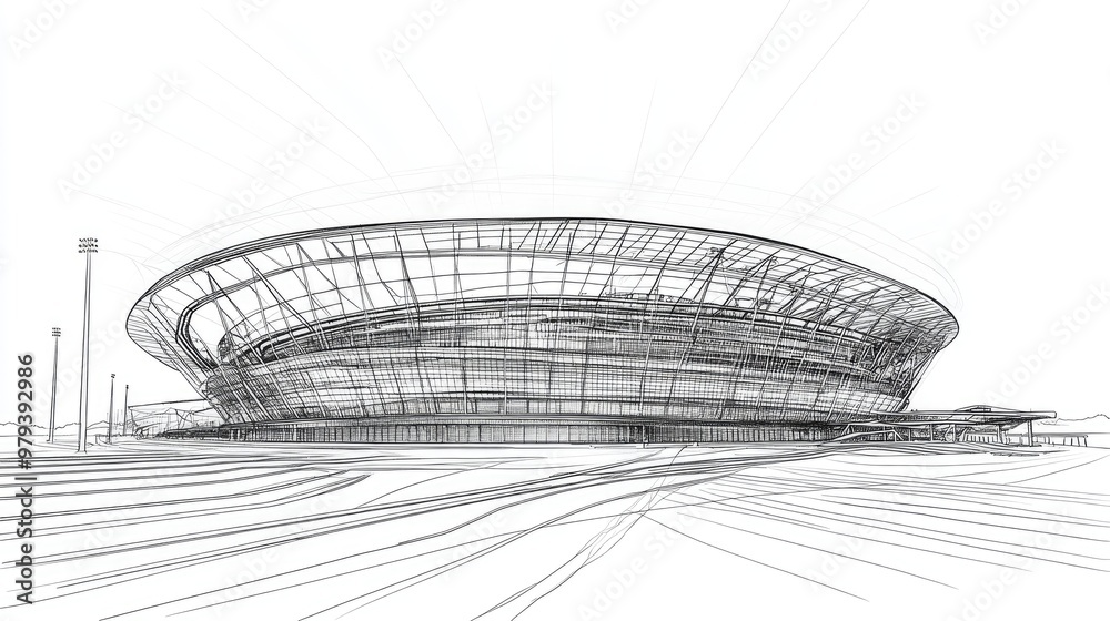 Line art illustration of an international stadium featuring a modern ...