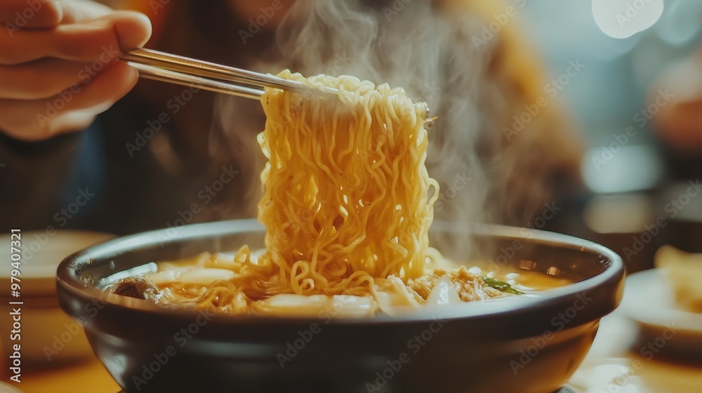 Young asian woman eating Serving a Korean style instant noodle, Ramyeon ...