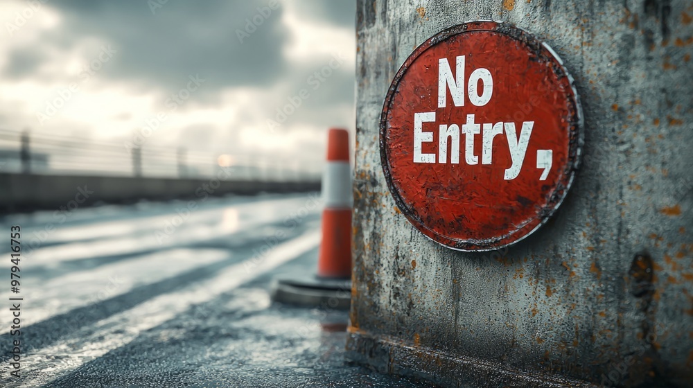 Rusty no entry sign on a weathered concrete wall in an industrial area ...