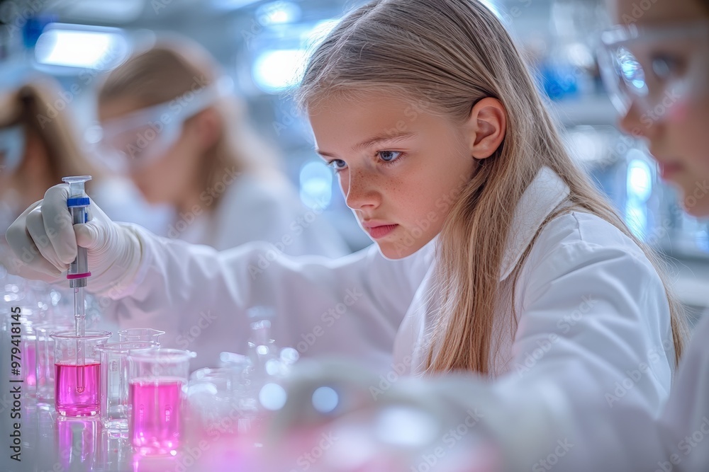 A young girl in a science lab carefully pipetting a pink liquid into ...