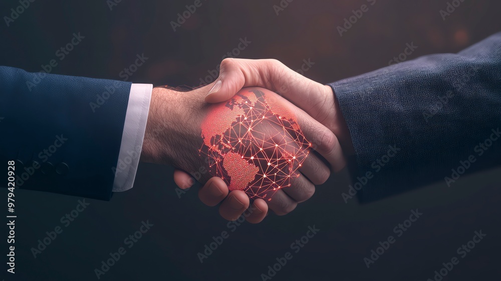 Symbolic handshake representing partnership and collaboration in a digital world with ...