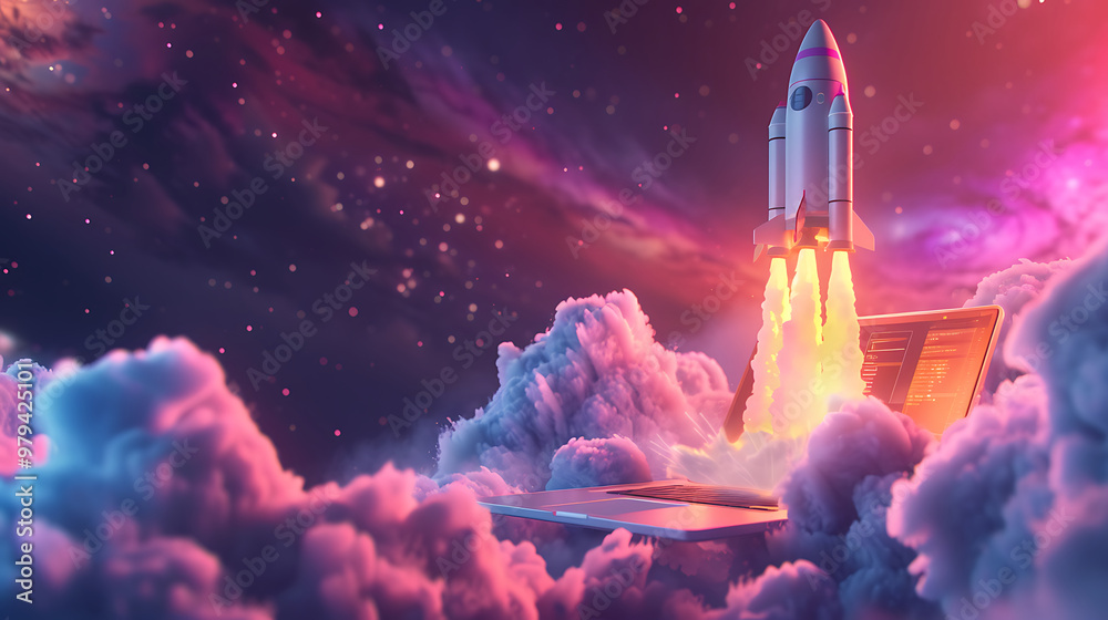 Startup Momentum Digital Rocket Launching from Laptop [created with ...