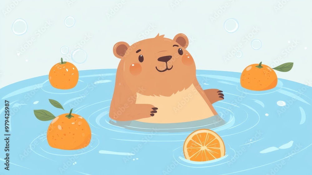 Capybara in Japanese Onsen hot spring with orange,Cute Capybara vector ...