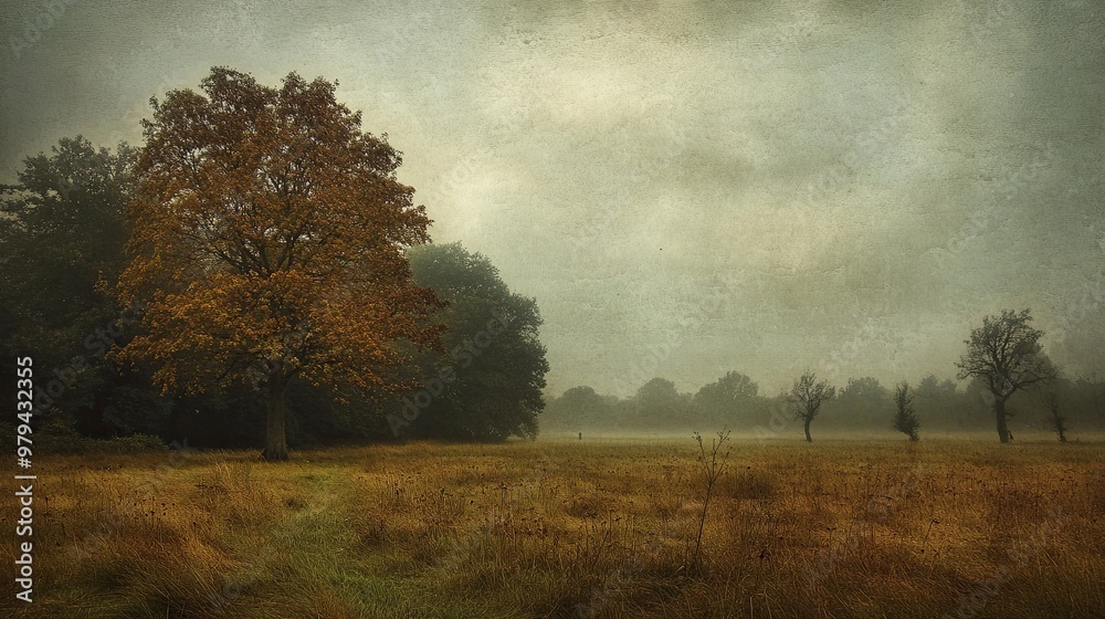 Rain-soaked meadow under a brooding sky, twisted trees lining the ...