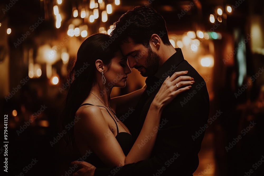 A romantic moment shared between a couple in a dimly lit restaurant ...