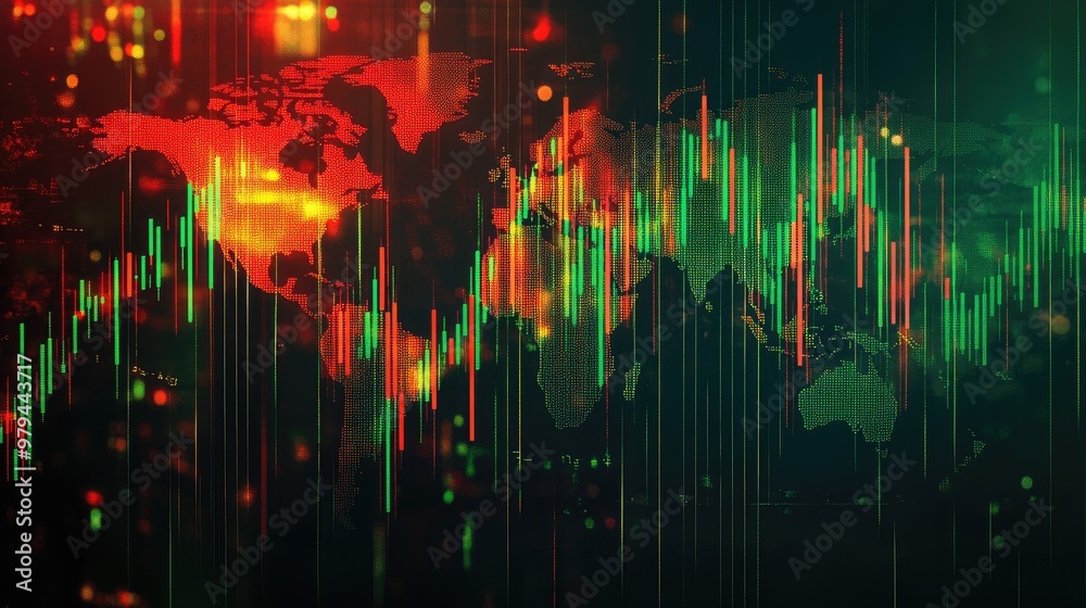 Stock market graph with green and red candlesticks, world map in the ...