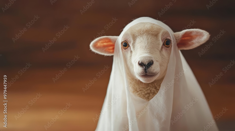 Sheep dressed as a ghost with a flowing white sheet, ghost sheep, farm ...