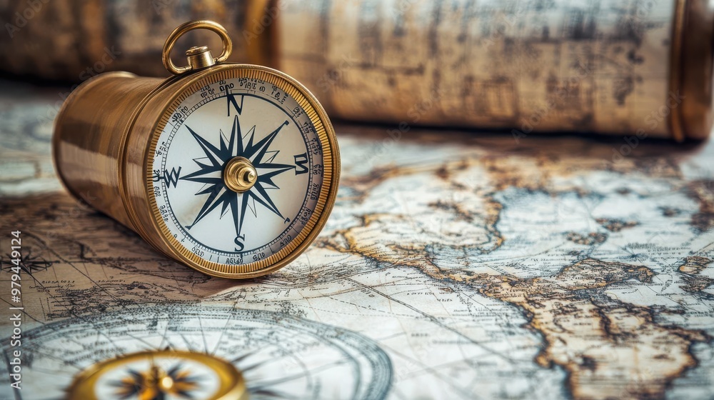 Compass and map with a background of old sailing charts and navigation ...