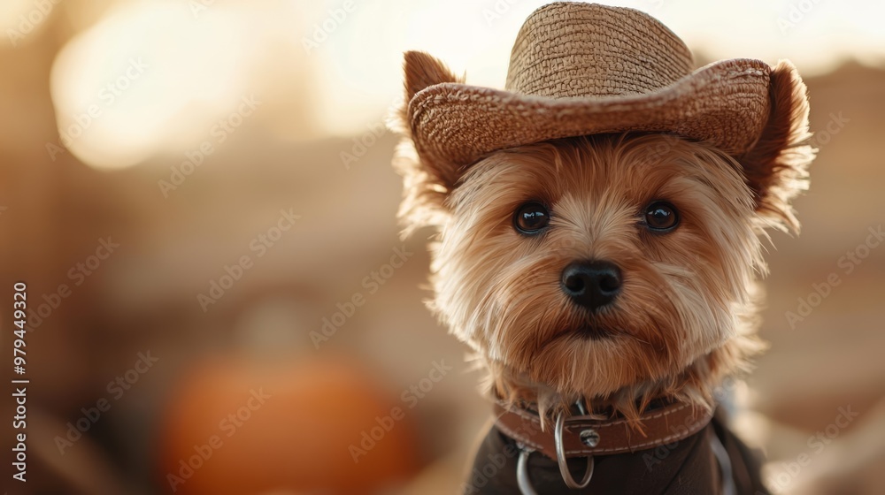 Yorkshire terrier dressed as a cowboy riding a tiny hobby horse, cowboy ...