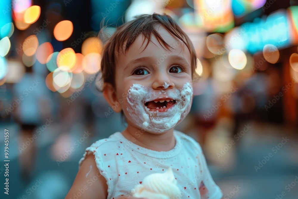 Ice cream brings a big smile to this child's face. Adorable infant ...