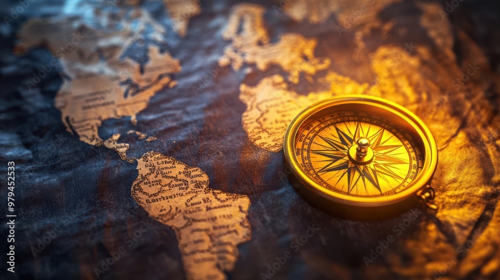 Glowing golden compass on a parchment-style world map, evoking the age ...