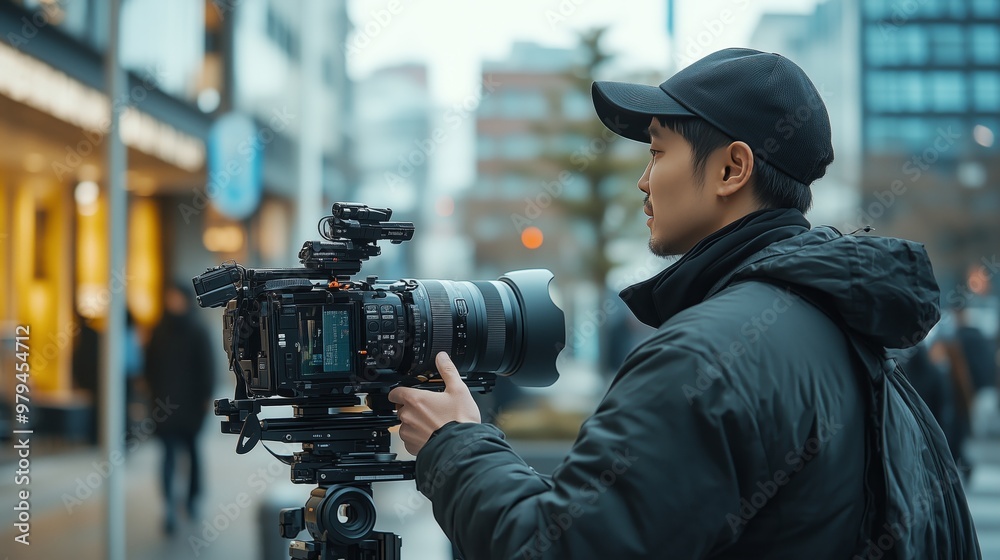 Cinematic shot of a man with a black cap holding a cinema camera and ...