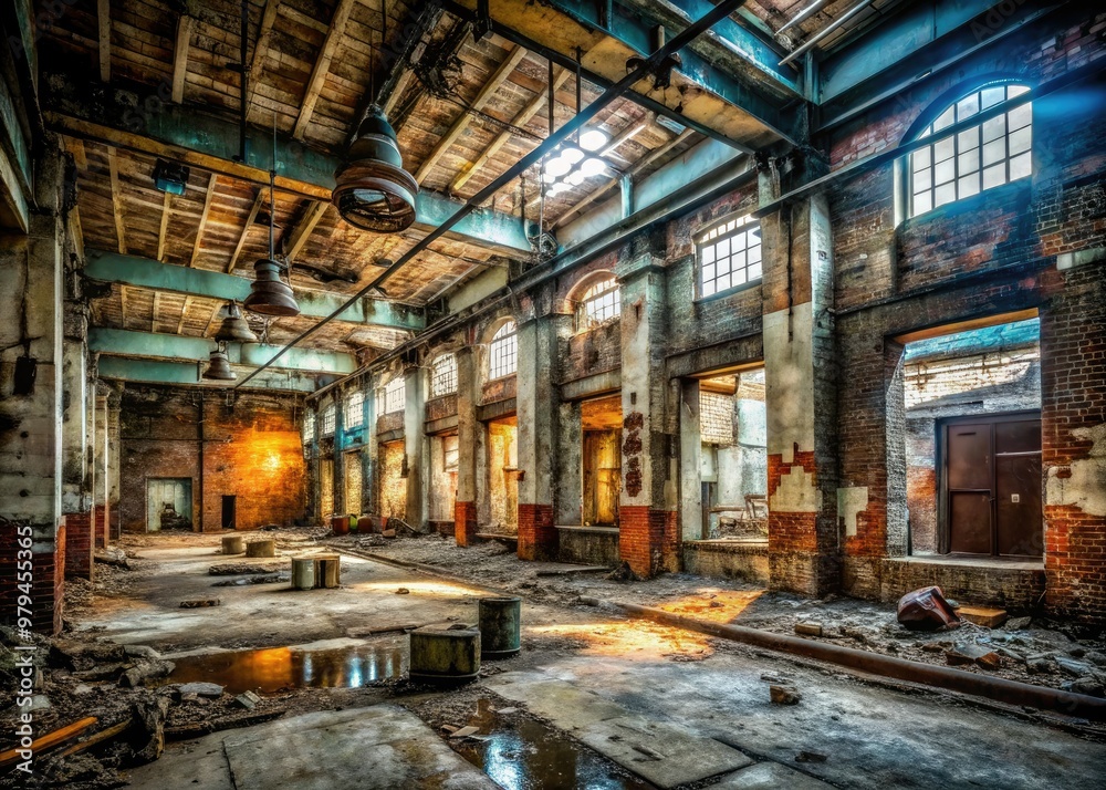 abandoned factory interior with peeling paint revealing old font logos ...