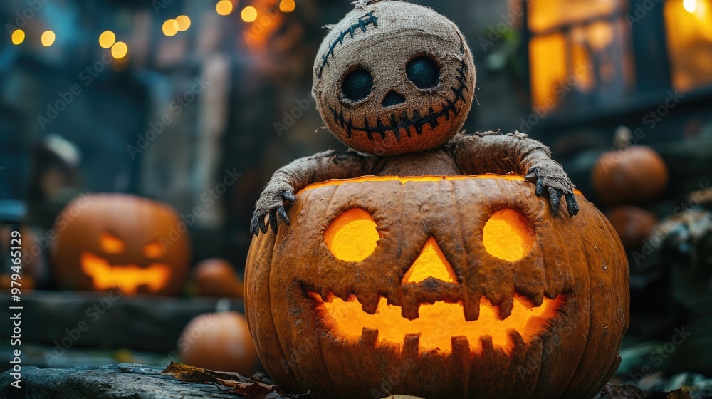 Halloween scary voodoo doll monster and huge carved pumpkin or Jack-o ...