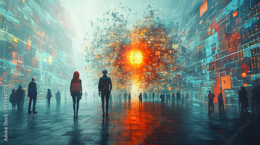 Digital artwork depicting AI interacting with humans, surrounded by ...