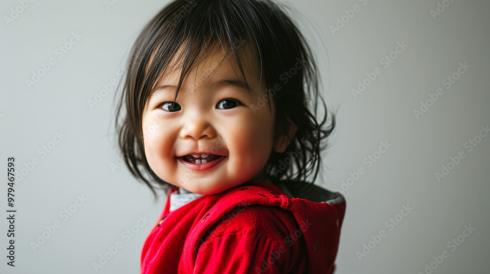 Joyful Asian toddler with medium-length black hair feeling lively in a ...