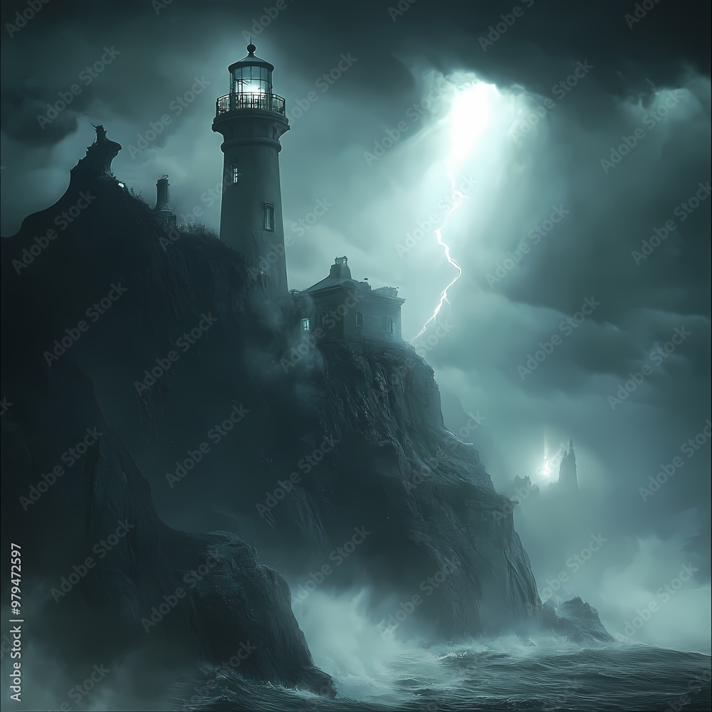 Eerie Haunted Lighthouse on Stormy Cliffside with Ghost Ships and ...