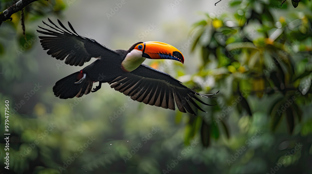 Tropic bird fly. Flying jungle bird during rain. Keel-billed Toucan ...