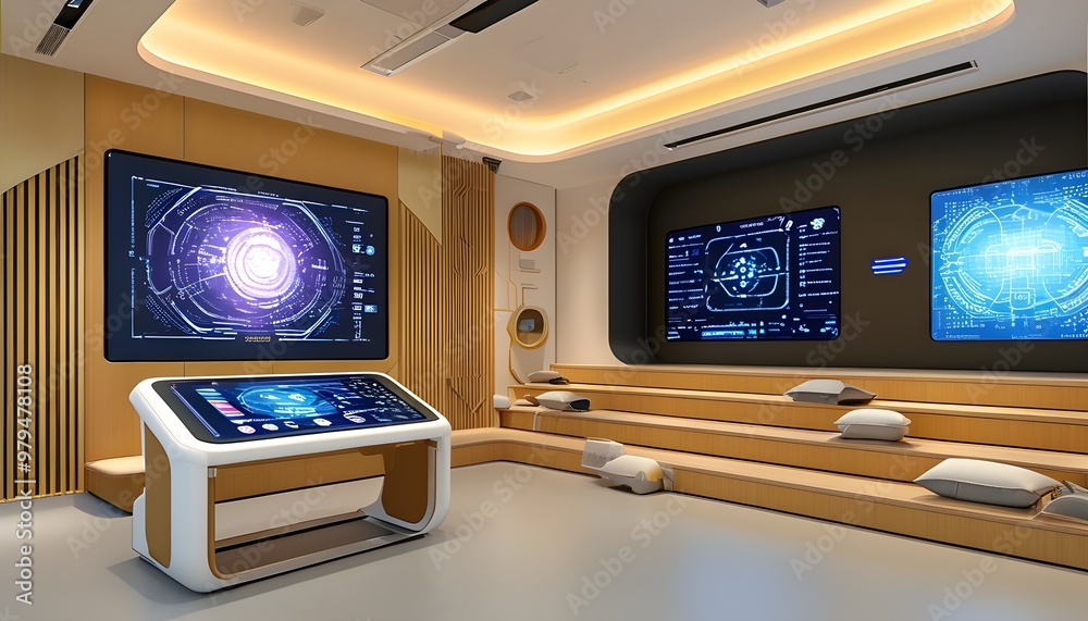 Futuristic classroom featuring holographic displays, interactive ...