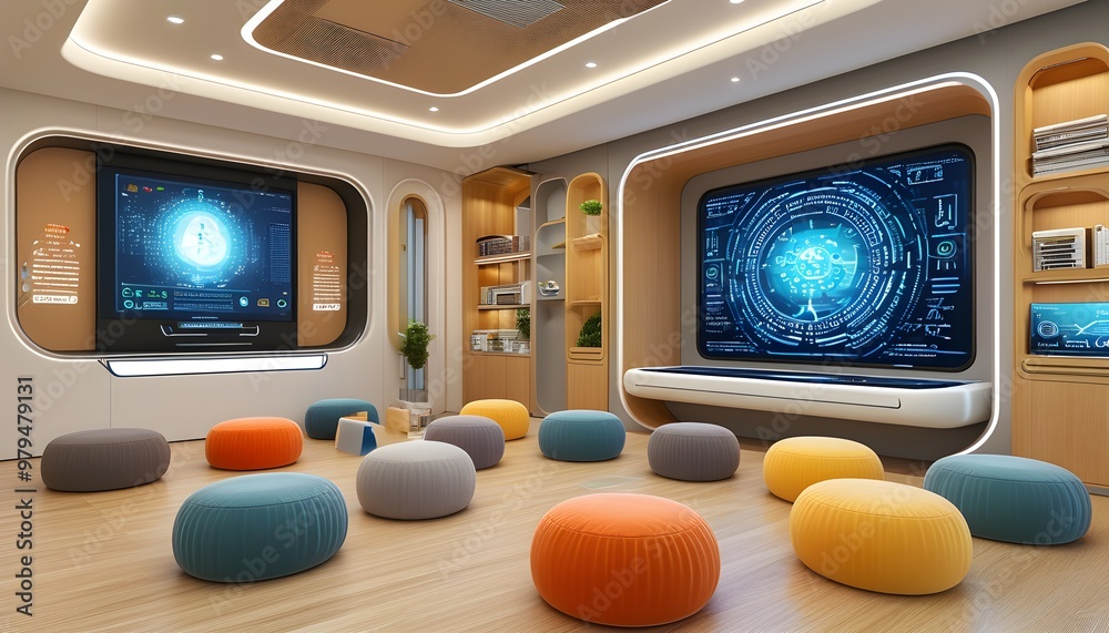 ภาพประกอบสต็อก Futuristic classroom featuring holographic displays ...