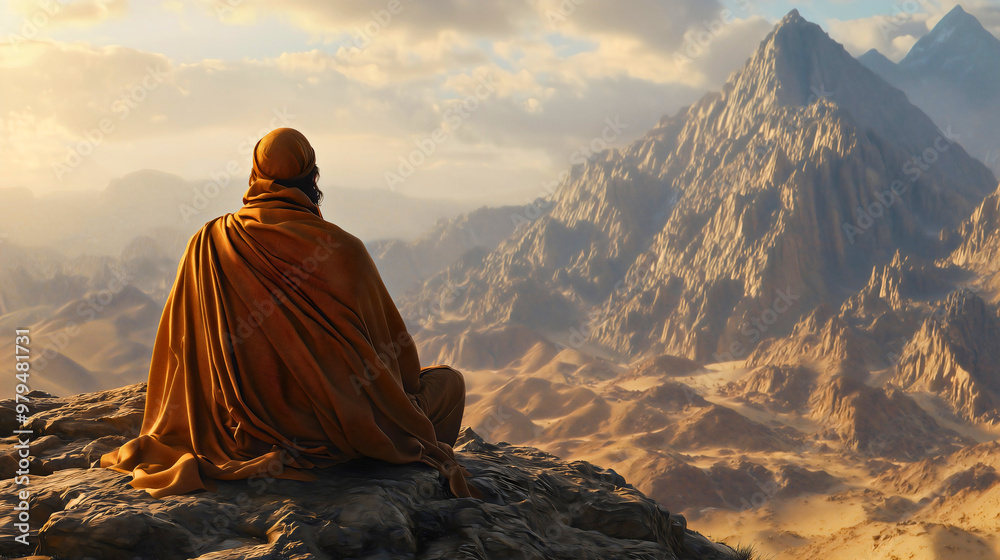 Moses sitting on Mount Sinai, waiting for the Lord to enlighten him and give him the Ten ...