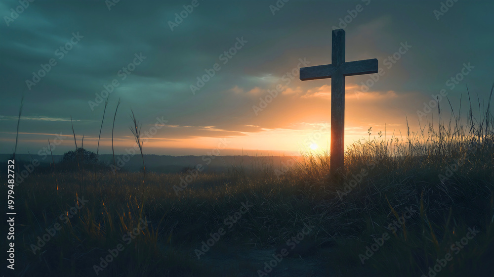 Holy cross in a beautiful field at sunset, Christianity religion and ...