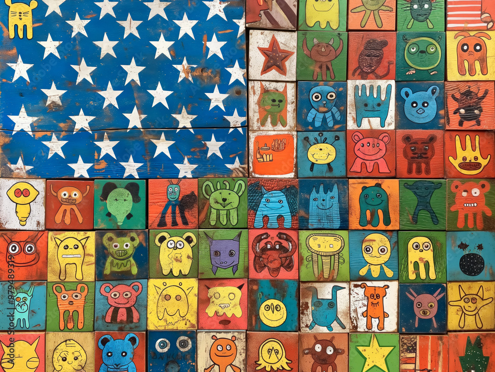 A colorful collage of faces and animals is painted on a wooden American ...