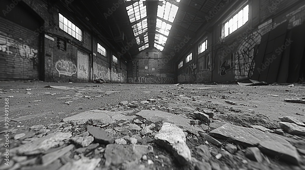 Abandoned warehouse interior with graffitied walls and debris-filled ...