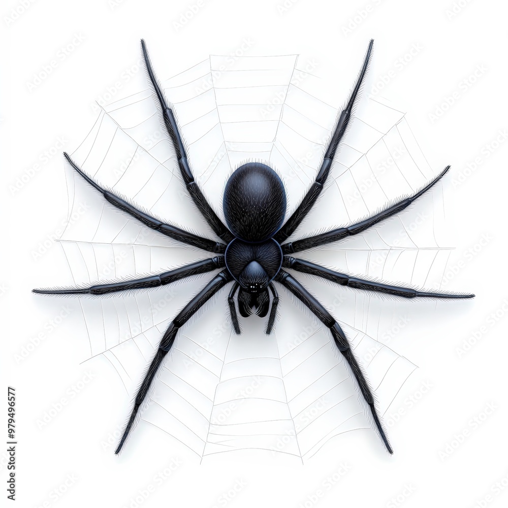 A spider is shown in a web, with its legs spread out and its body ...
