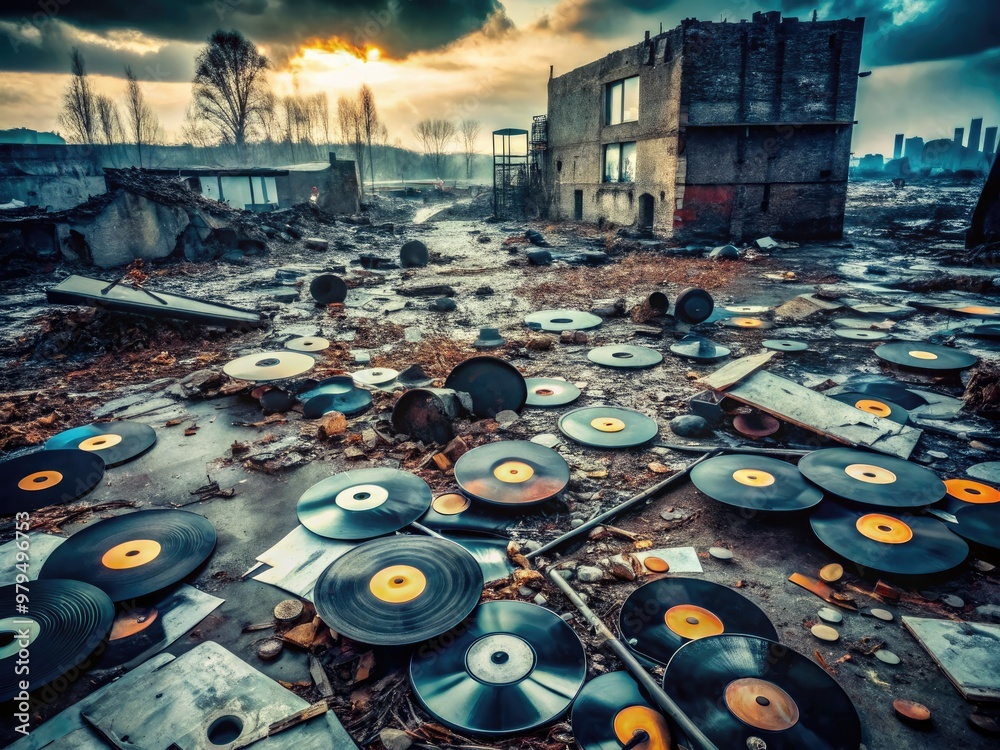 dystopian industrial abandoned retro futuristic broken vinyl records ...