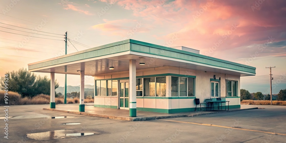 muted pastel colors washed out abandoned gas station roadside diner ...