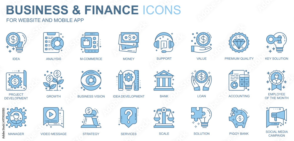 Business and finance web icons set in duotone line design. Pack of idea, analysis, m-commerce ...