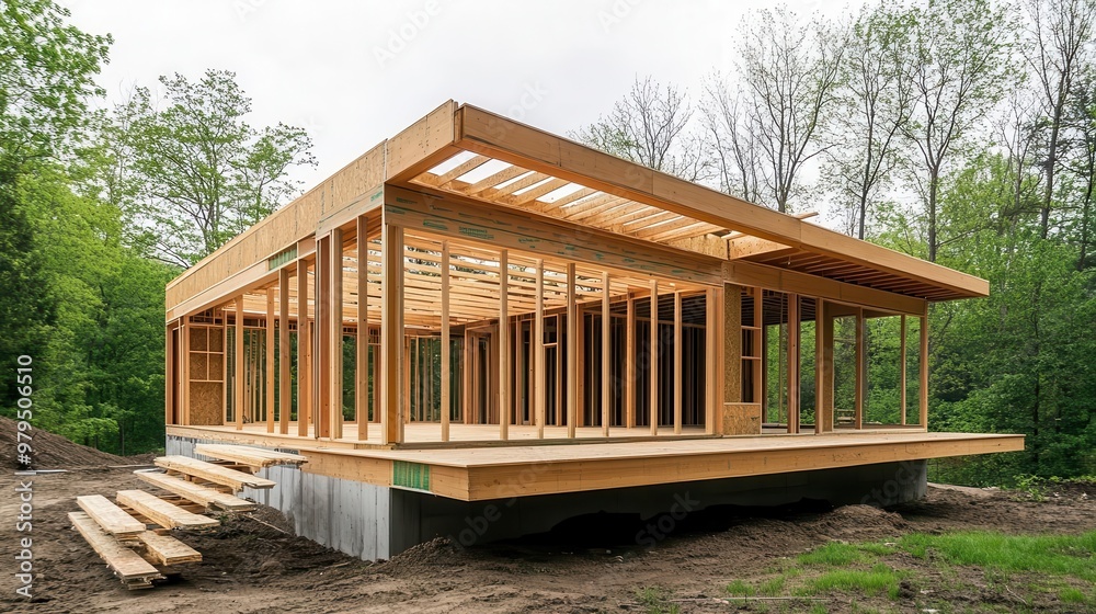 contemporary home construction partially built house frame showcasing ...