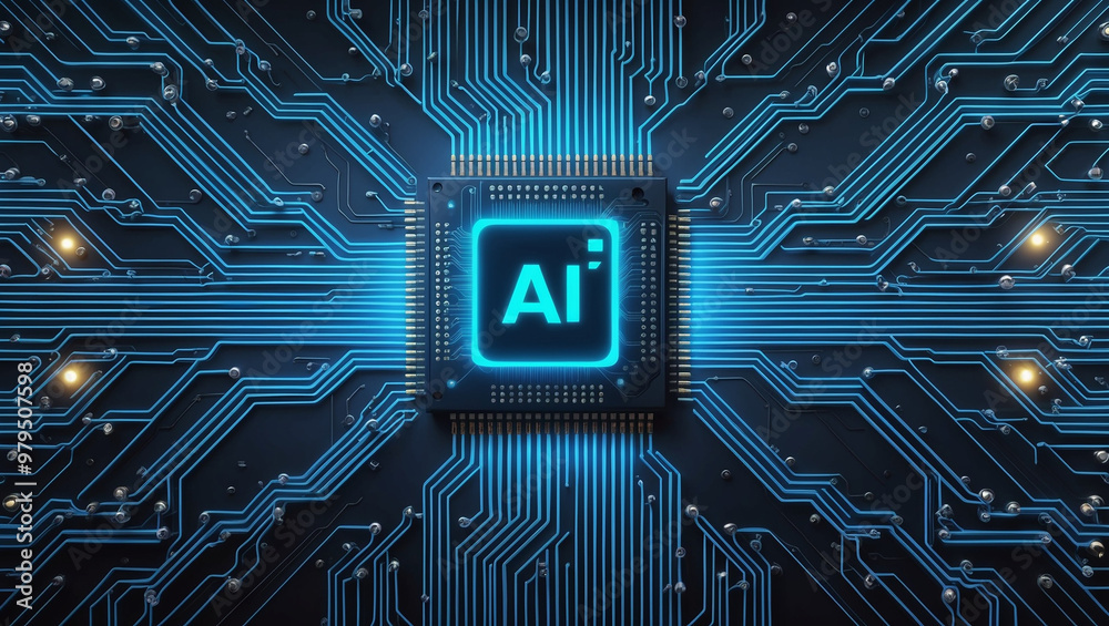 A glowing AI microchip embedded on a futuristic circuit board. Illuminated lines symbolize data ...