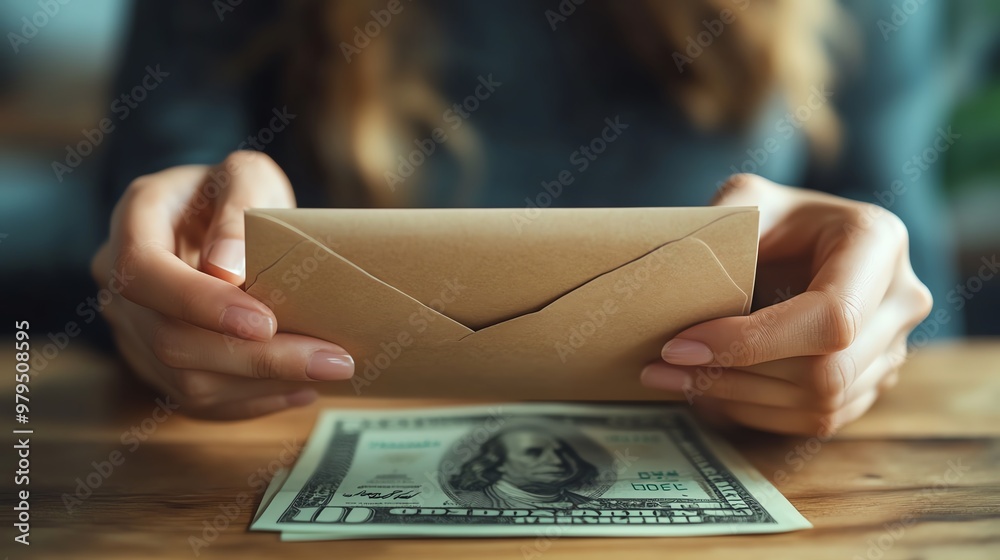 Pay day scene, hands opening a paycheck envelope with cash inside, 3D ...