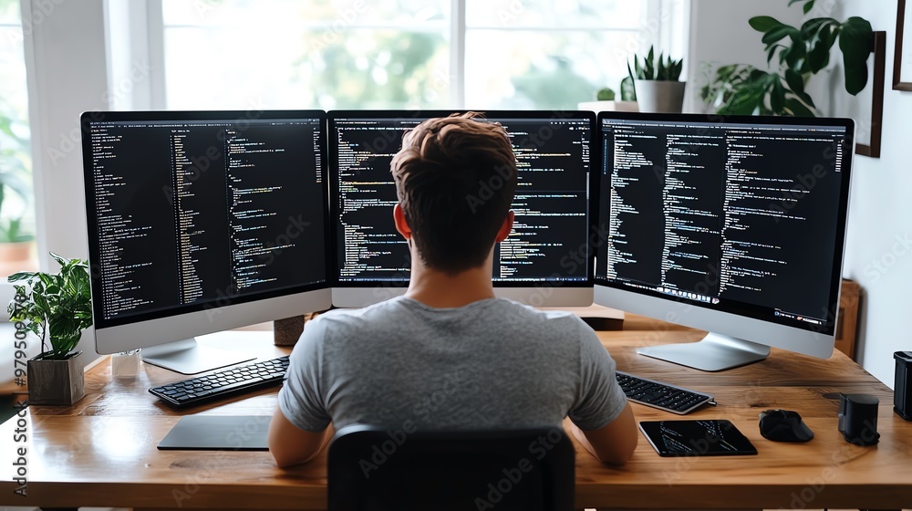 Programmer Integrating Api With Website On A Dual Monitor Setup Efficient Web Development