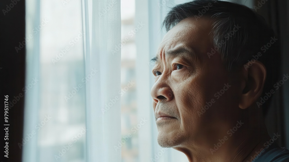 elderly asian man gazing out window in nursing home melancholic mood ...