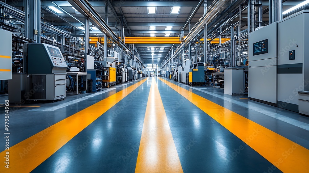 A brightly lit industrial factory floor, displaying organized ...