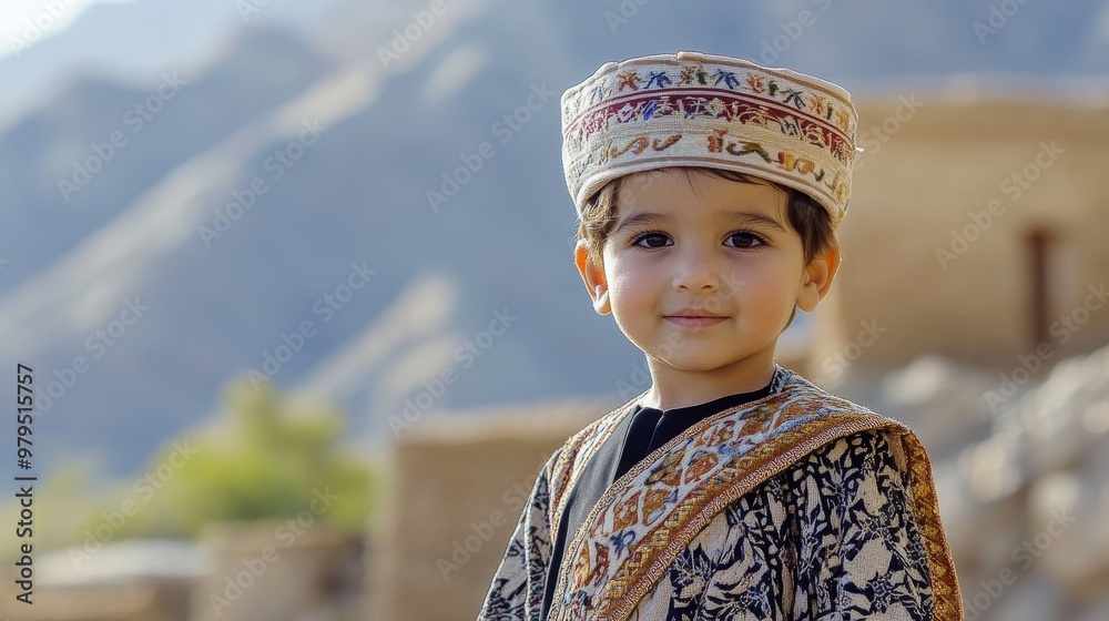 Portrait of Omani Child in Traditional Dishdasha Against Stunning ...