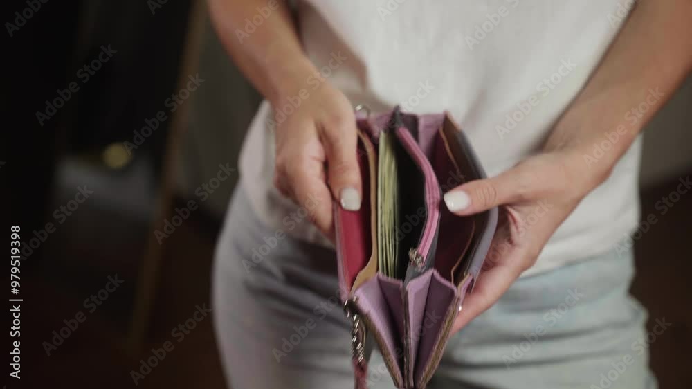 Woman opens a pink wallet, revealing banknotes. The scene captures the ...