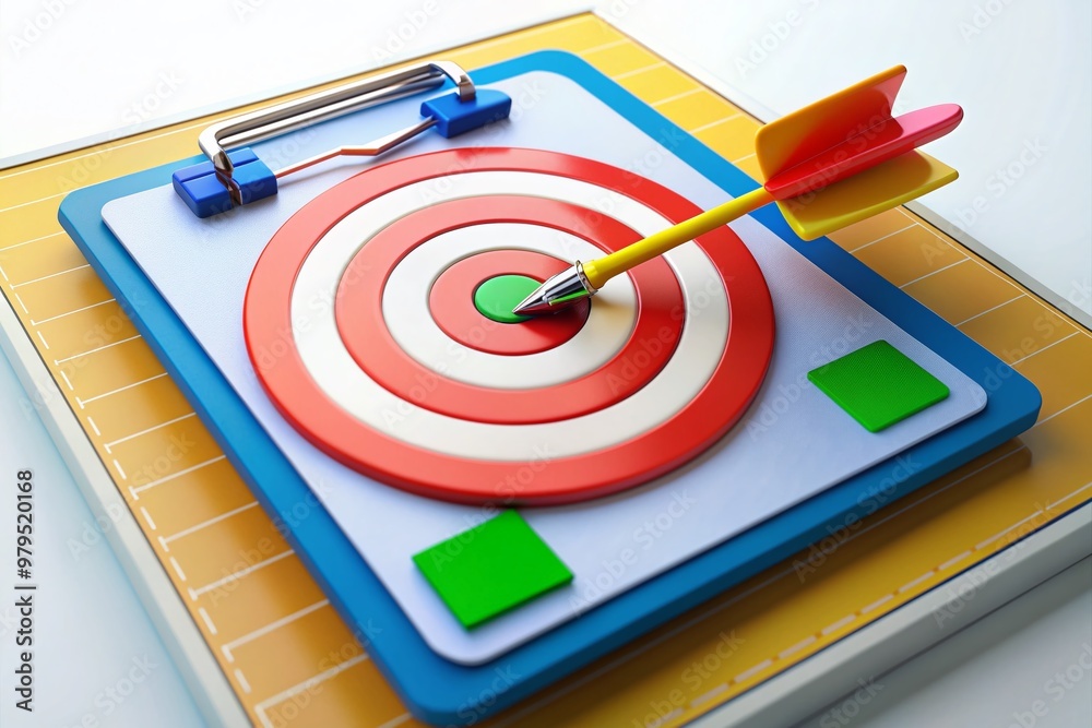 Brightly colored target icon with checklist and chart paper ...