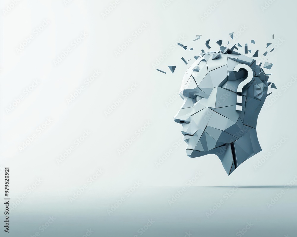 Fragmented polygon head with question marks emerging, abstract tech ...