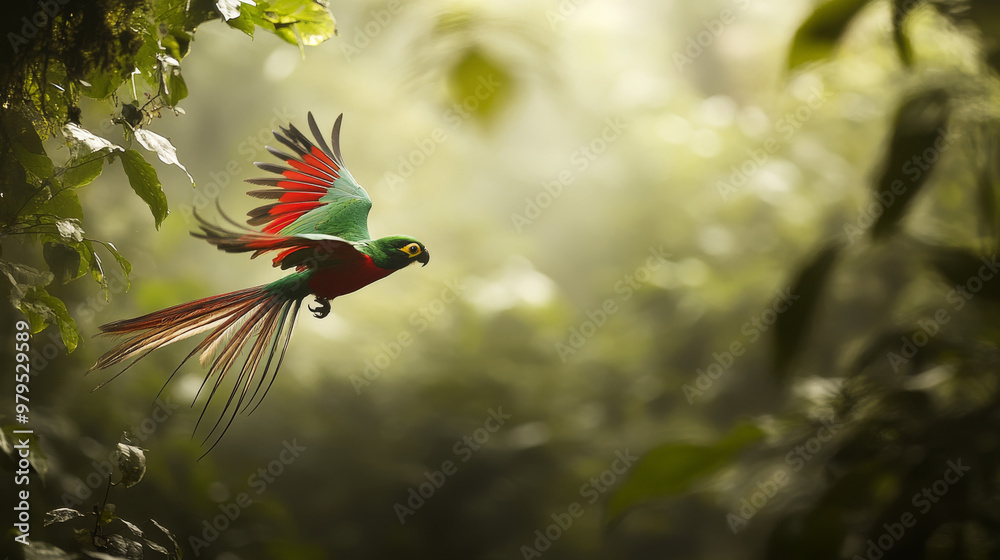 A vibrant green and red Quetzal bird soars through the air above a lush ...