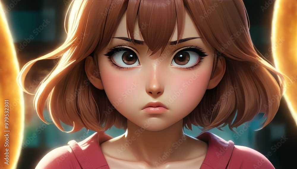 A detailed and intense close-up of an anime girl with a determined ...