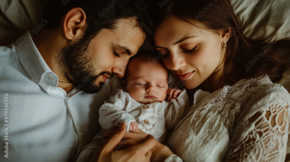 Parents snuggle with their newborn baby in bed,holding hands for ...