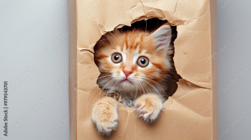A mischievous orange Persian kitten peeking out from a hole in a paper ...